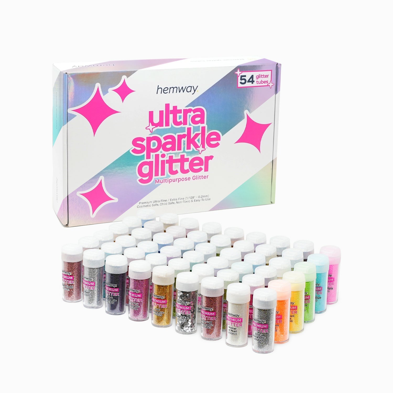 54 Fine Glitter Tube Box Set | Ultra Sparkle | Craft, Cosmetic, Epoxy